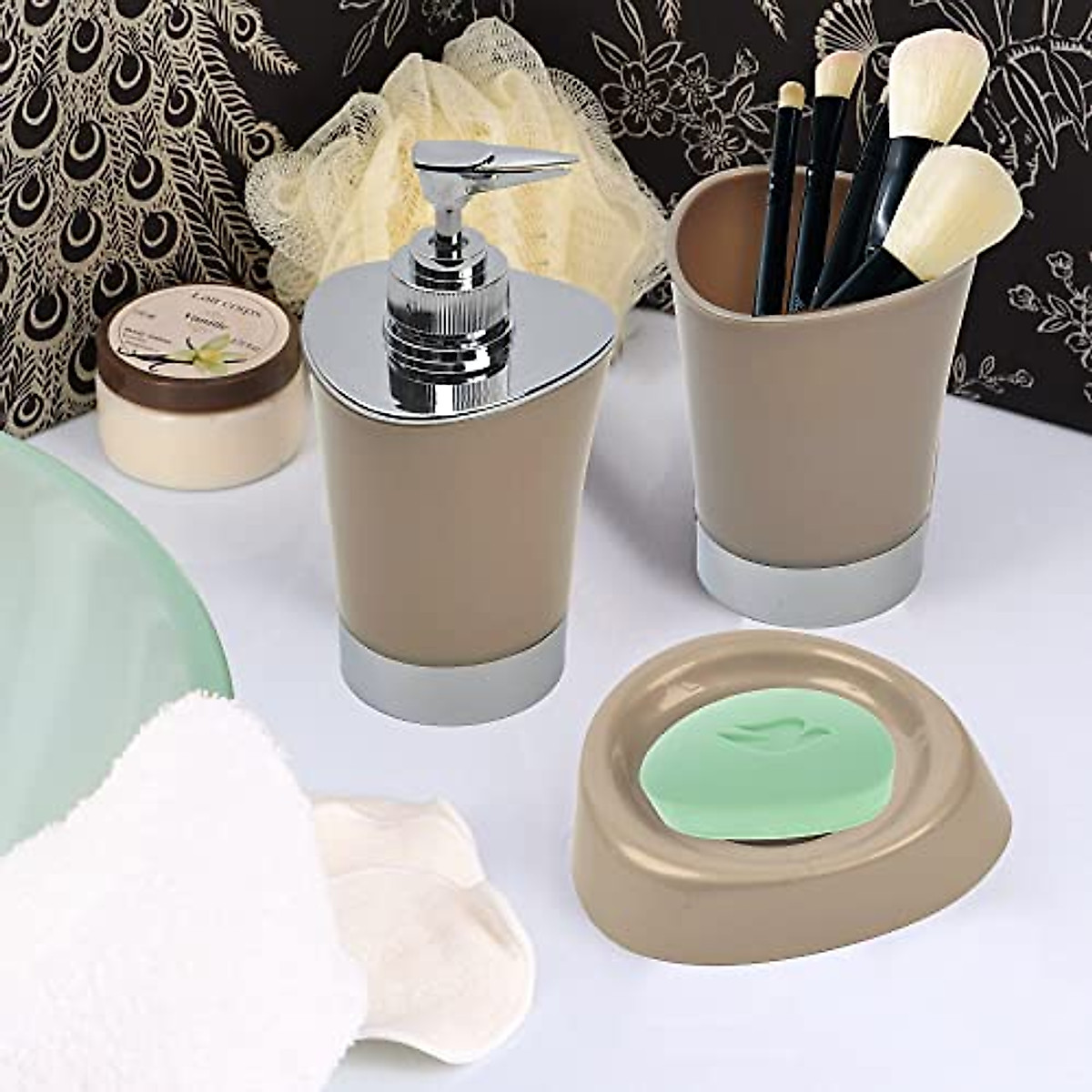 Evideco French Home Goods Taupe Mini Trash Can for Countertop 0.5 Liter -0.3 Gal Chrome Lid