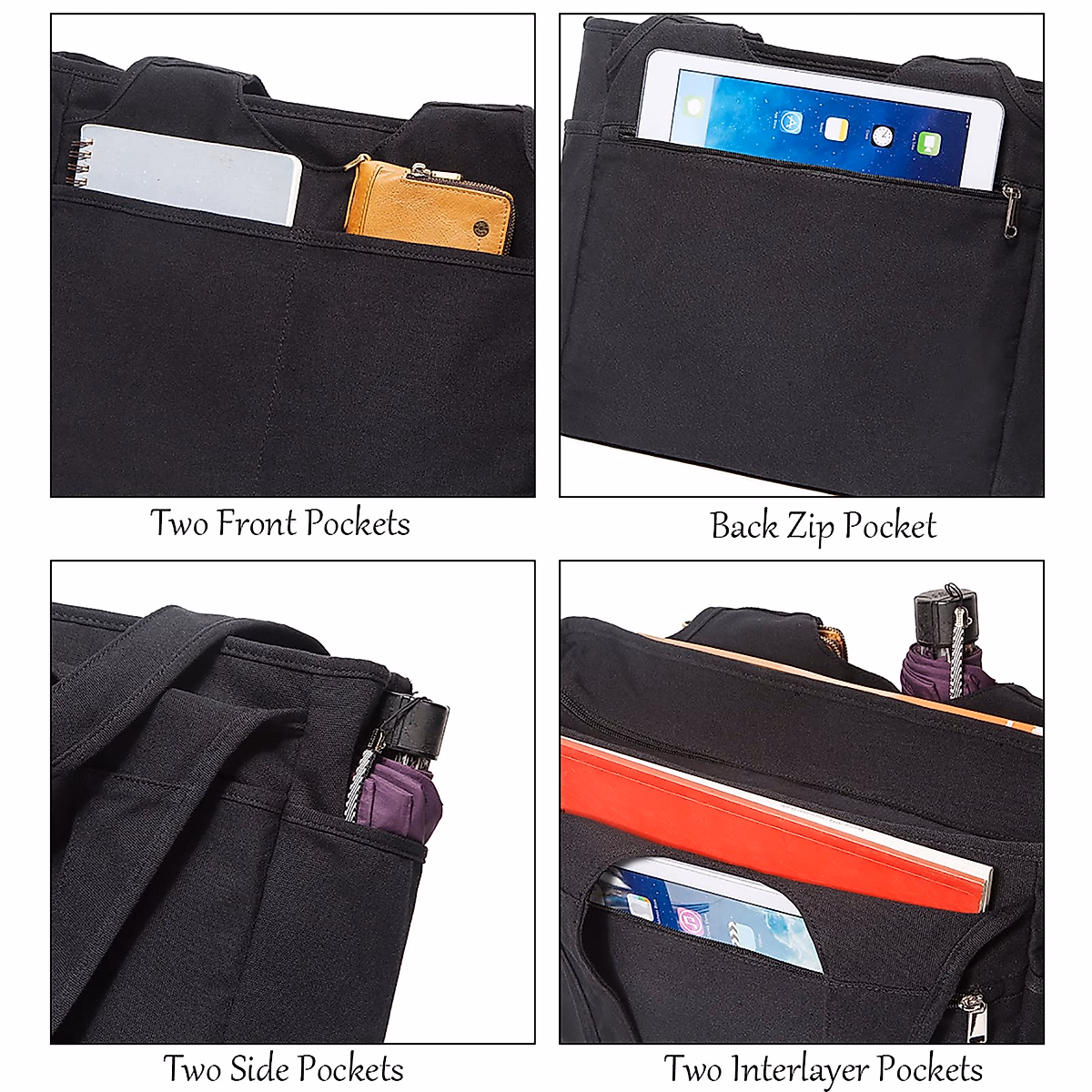 KYALOU Utility Large Tote Bag, Top Zipper Closure, Women Casual Shoulder Bags with 8 Pockets for Work School Travel Shopping Grocery Gym Pool Beach (Black)