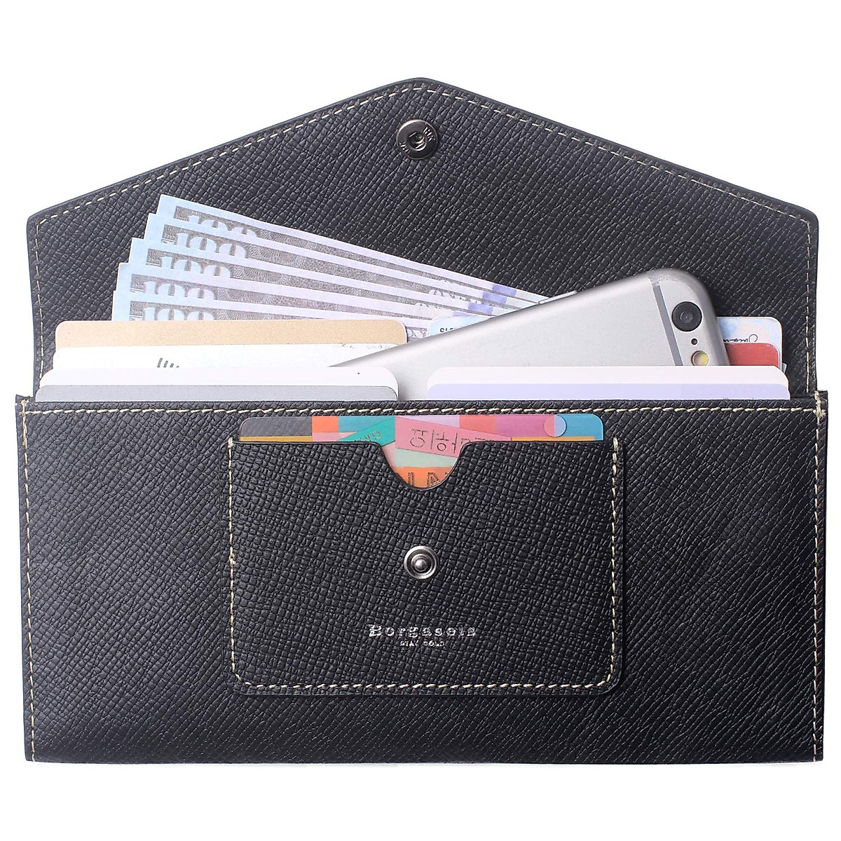 Borgasets Women's Wallet Leather RFID Ultra Thin Envelope Purse Travel Clutch with ID Card Holder and Phone Pocket (Crosshatch Black)
