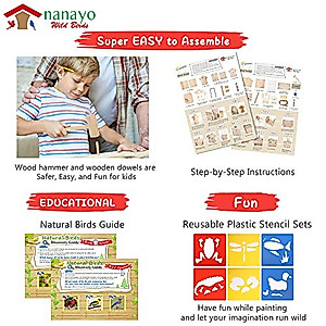 nanayo Wild Birds DIY Bird House Kit for Kids to Build - Birdhouse and Bird Feeder Wood Building Kits with Hanging Chain and Rope, Mallet, Paints and Brushes, Sandpaper, Glue and Bird Discovery Guide