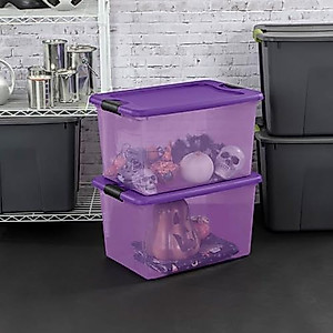 Sterilite 64 Qt Latching Storage Box, Stackable Bin with Latch Lid, Plastic Container to Organize Halloween Decor, Purple Tint with Purple Lid, 6-Pack