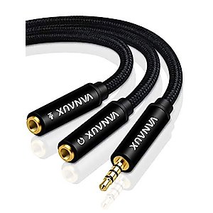 Headset Adapter Headphone Mic Y Splitter Cable, VANAUX 3.5mm Stereo Audio Male to 2 Female Separate Audio Microphone Plugs Compatible for PS4, Xbox One, Laptop, Phone, PC Gaming Headset