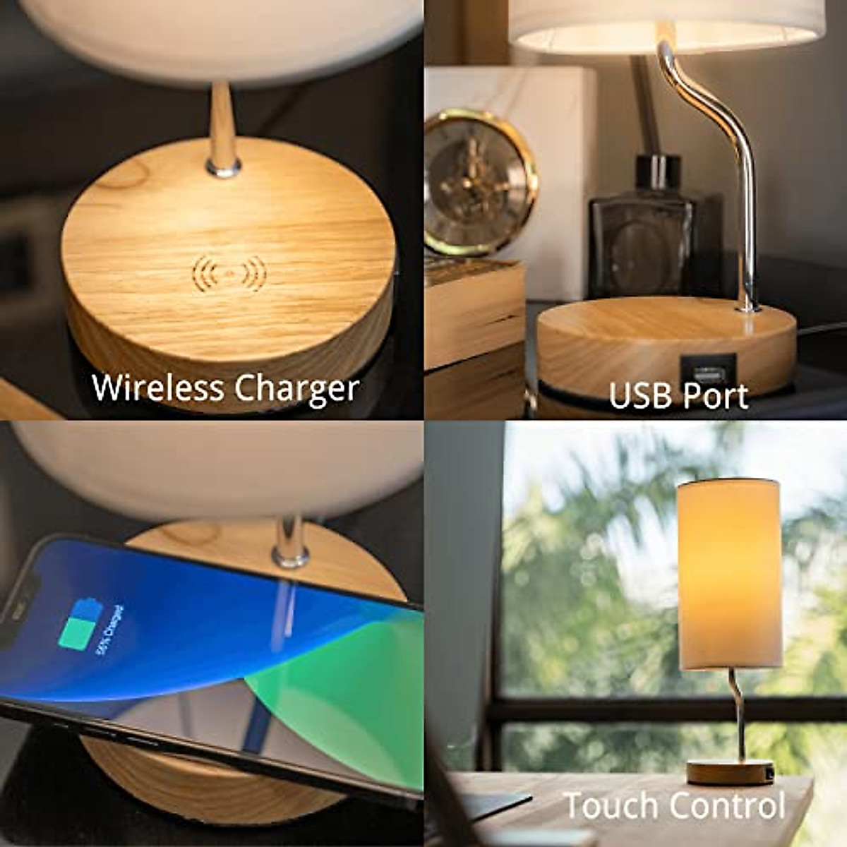 Upgraded Smart Bedside Table Lamp with Wireless Charger & USB Ports - Touch Control LED Desk Lamp for Bedroom, Dimmable Wooden Nightstand Lamp with Fabric Shade for Living Room, Kid's Room,or Office