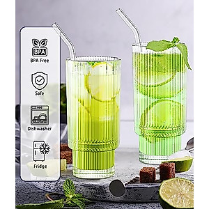 16oz Ribbed Drinking Glasses Set of 8, Clear Reusable Ribbed Glassware, Iced Coffee Cup, Cocktail Can Beer Glasses Cups with Straws, Vintage Wine Boba Tea Water Glass Tumbler, Cute House Warming Gifts