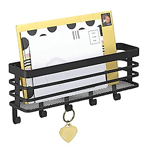mDesign Metal Wall Mount Mail and Key Holder with 5 Hooks, Hanger Rack Shelf for Home Entryway, Mudroom, Kitchen, Hold Letters, Cards, Magazines, Coats, Umbrellas, Carson Collection, Matte Black