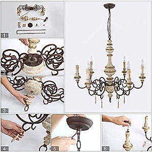 LNC Farmhouse Chandelier for Dining Room, 6-Light French Country Lighting , Handmade Wood Chandelier with Drop Pendants, Distressed White, 30.7”Dia