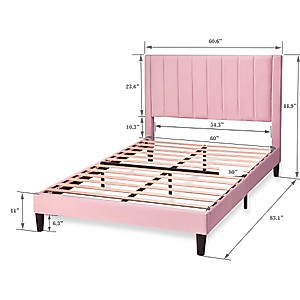 Allewie Queen Bed Frame/Velvet Upholstered Bed Frame with Vertical Channel Tufted Headboard/Strong Wooden Slats/Platform Bed Frame/Mattress Foundation/Box Spring Optional/Easy Assembly/Pink