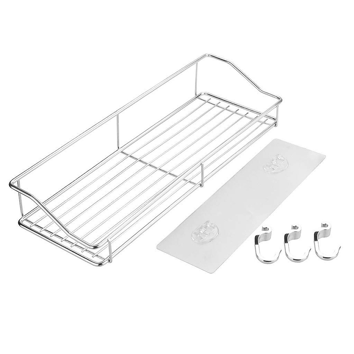 Toxz Stainless Steel Storage Rack Kitchen Bathroom Shelf Storage Wall Shelf Organizer with Adhesives,3 Removable Hooks,35×12.5×6cm(Ship from US!)