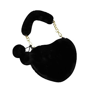 Women Girls Faux Fur Heart Shaped Handbag Plush Shoulder Bag Clutch Purse with Metal Chain Strap