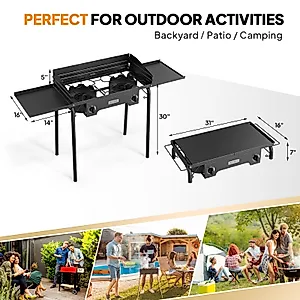ROVSUN 2 Burner Gas Stove with Side Shelves, 150,000 BTU Portable Propane Stove with Removable Legs, Wind Panels & Regulator for Camping Home Backyard Cooking Brewing Canning Turkey Frying