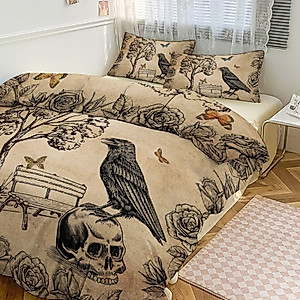 GDSCCLGX Vintage Gothic Floral Raven Comforter Cover Sets 3 Piece Twin Size,Rustic Spring Rose Colorful Butterfly Skull Raven Print Duvet Cover Set 2 Pillowcases(No Insert)