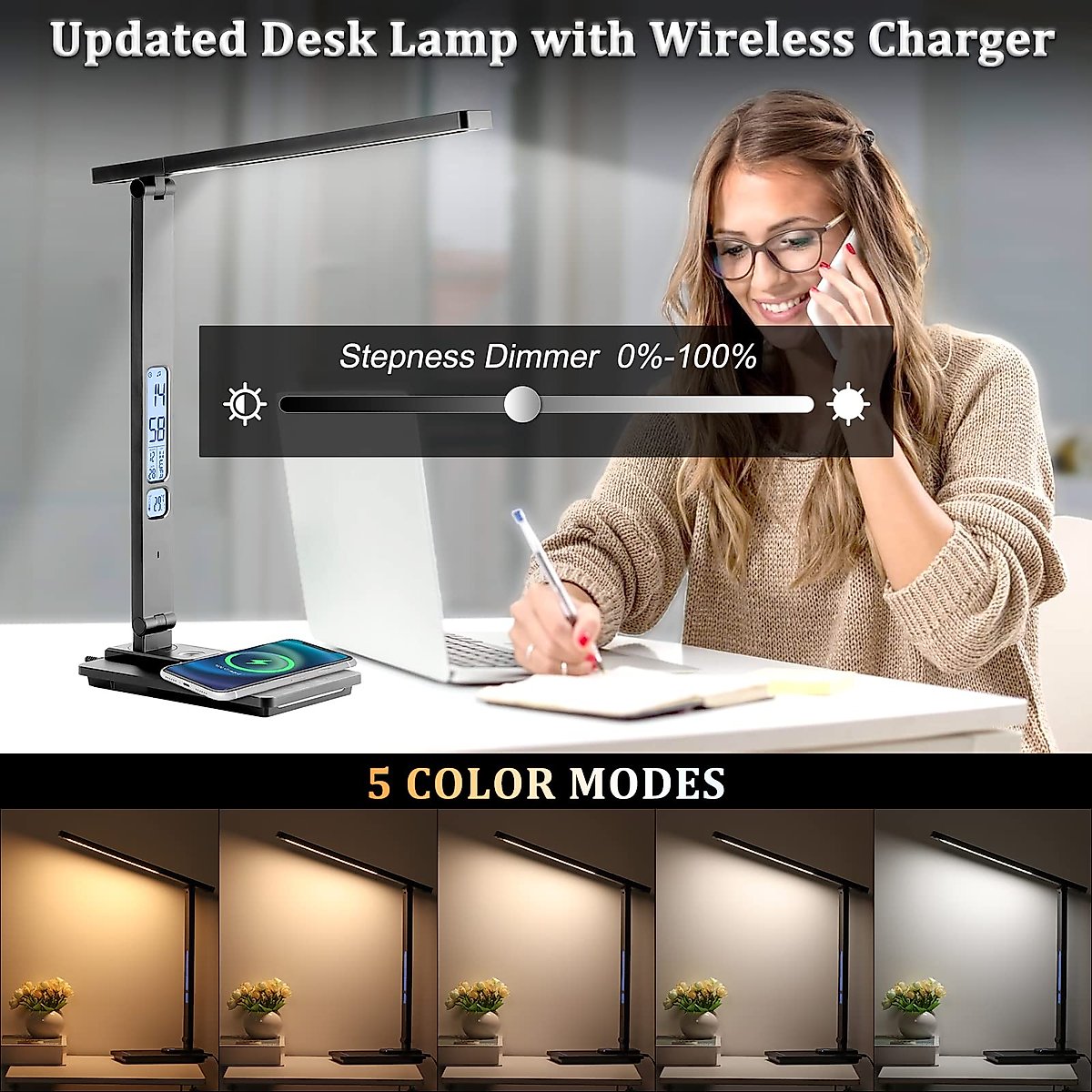 Dott Arts LED Desk Lamp with Wireless Charger, Touch Control Study Lamp with USB Charging Port, Table Lamp with Clock, Alarm, Date, Temperature, Office Lamp, Desk Lamps for Home Office,Black