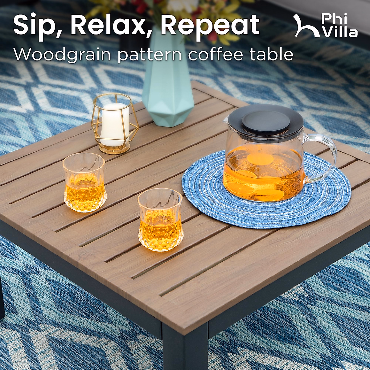 PHI VILLA Metal Patio Furniture Set 6 Piece Modular Modern Outdoor Sectional Sofa Garden Bench Set with Wrought Iron Coffee Table, Light Grey Cushion