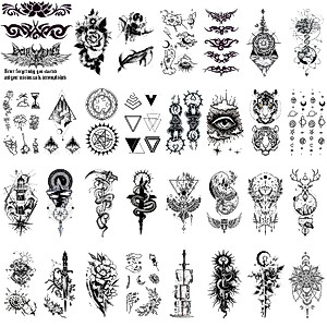 GLARYYEARS Maori Temporary Tattoo for Men Adults, 46-Pack Large Small size Realistic Tattoos, Totem Tribal Tiki Turtle Manta Fake Tattoo Stickers, Long-lasting Cool Black Body Half Arm Tattoos