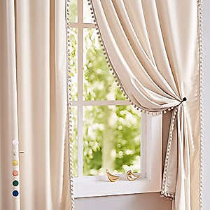 Pom-Pom Cream Velvet Curtain 84inches Long Window Drapes for Living Room Cotton Feel Soft Ivory Window Curtains for Bedroom Hotel Guest Room 42" W 2Panels