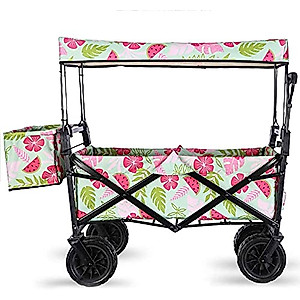 All Terrain Folding Beach Wagon with Canopy,Heavy Duty Collapsible Utility Wagon Transport Trolley,Outdoor Garden Wagon Portable Shopping Cart