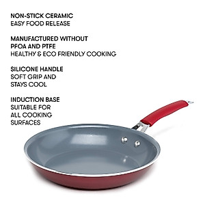 Cooking Light Nonstick Ceramic Fry Pan, Dishwasher Safe, Scratch Resistant, Easy Food Release Interior, Cool Touch Handle and Even Heating Base, 11-Inch Fry Pan, Red