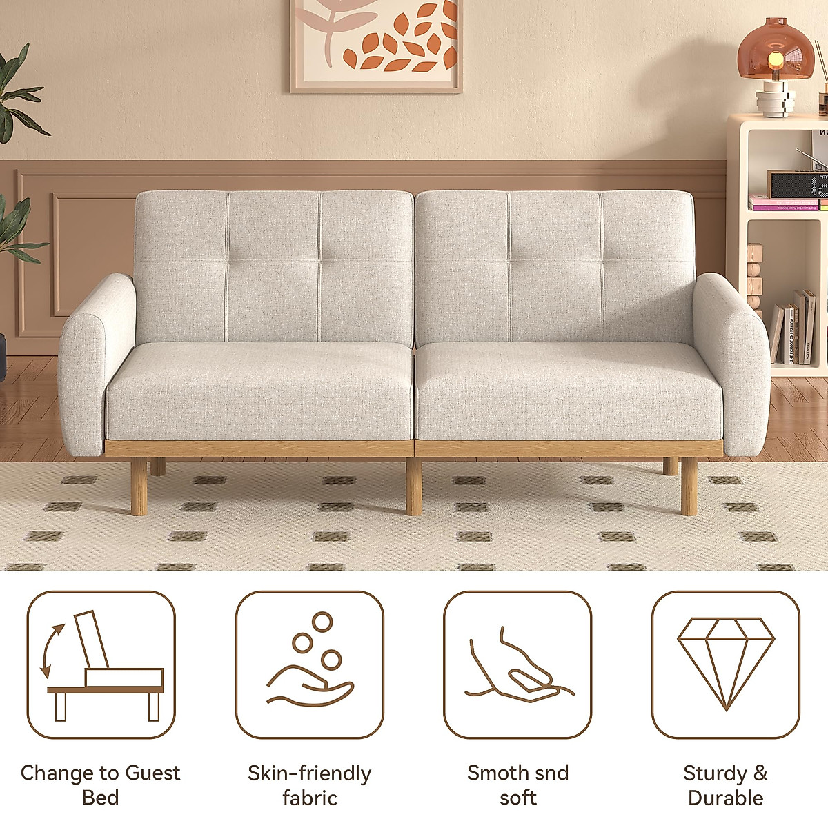 AMICLIBER Convertible Futon Sofa Bed Couch, 79 Inch Mid Century Futon Love Seat Couches,Button Tufted Upholstered Small Splitback Loveseat Sofa Cama for Living Room,RV,Office,Apartment,Beige