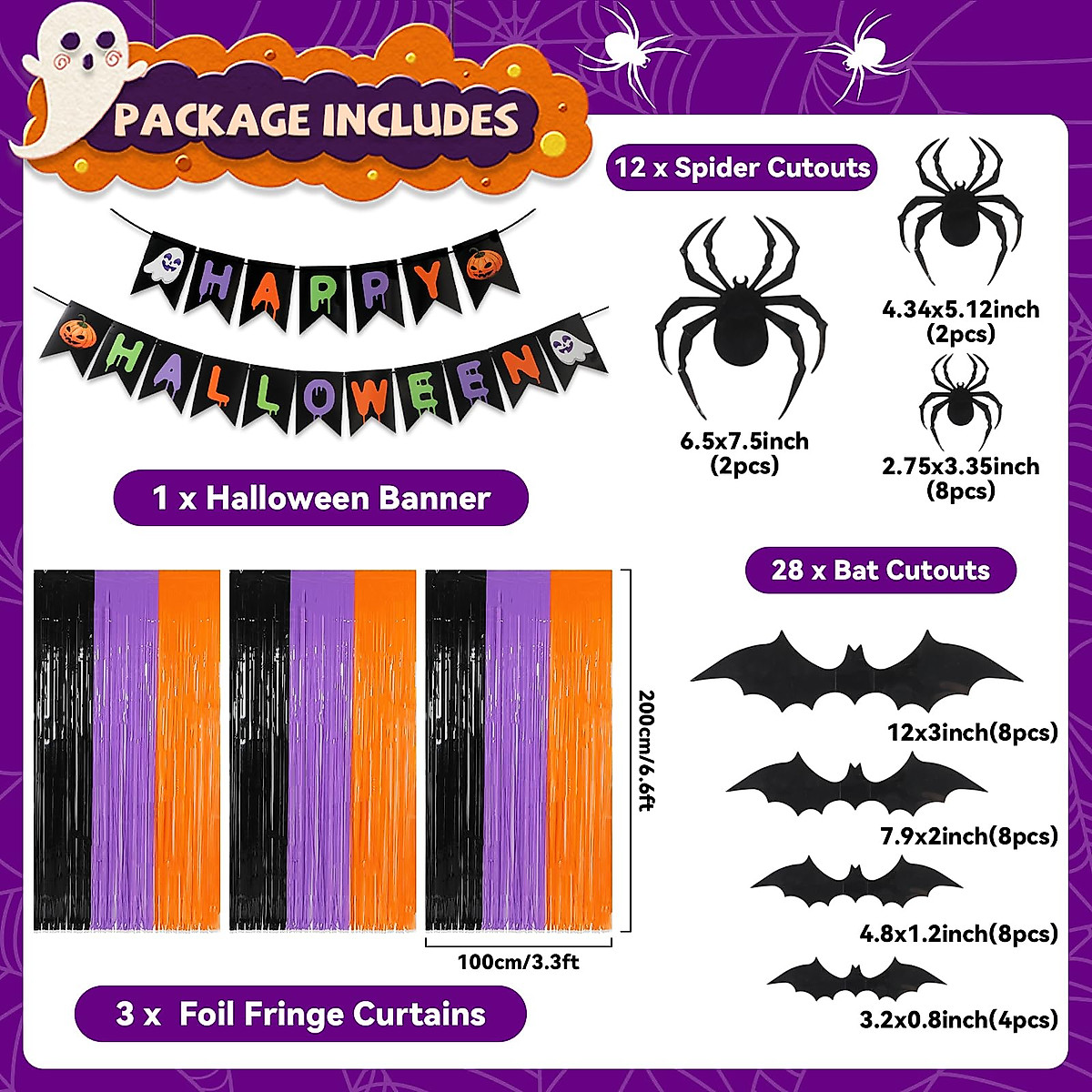 QOUBAI 3Pack Orange Purple Black Foil Fringe Curtains 3.3 X 6.6 ft Decals 1Pc Banner 40Pcs Bat Spider Stickers Halloween Backdrop Streamers for Halloween Photo Booth Prop Wall Party Decorations