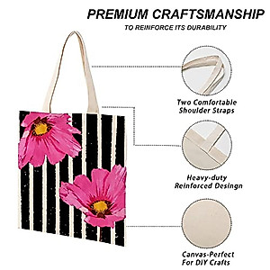 Canvas Shoulder Bag 15x18 Inch,Flowers Stripe Tote Bag for Books,Birthday Inspirational Gifts for Kids Girls Women