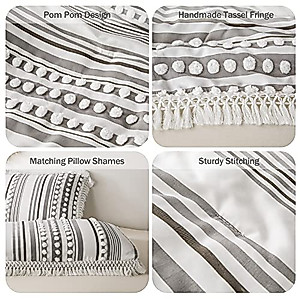 BEDLORE Boho Comforter Set Full/Queen Size, Tufted Gray and White Striped Ball Pom Pom Bedding Set with Tassel Fringe, Farmhouse Shabby Chic Bed Comforter with 2 Pillowshams for All Seasons