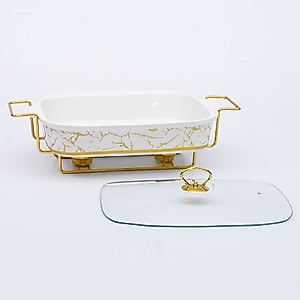 HONHPD 3PCS Rectangular Porcelain Casserole Warming Trays for Food, Ceramics Chafers, and Buffet Warmers Sets, Ceramics Chafing Dish Buffet Set, Gold Plating Serving Dishes(11inch.13inch.15inch）