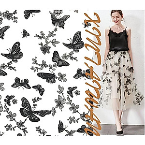 51" Width 3D Vivid Butterfly Lace Fabric Exquisite Flower Embroidery Soft Tulle Lace Fabric for Wedding Bridal Lace Dress Party Dress Home Decor (3 Yard, Apricot Mesh+Black Butterfly)