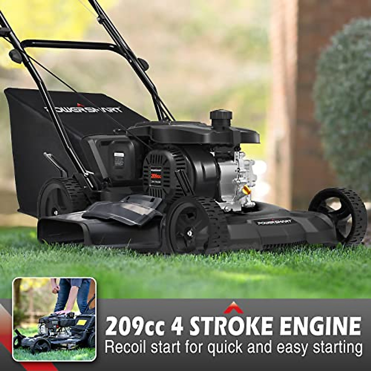PowerSmart Gas Powered Push Lawn Mower, 21-Inch 209cc 3-in-1 Walk-Behind Lawn Mowers with Bagger, Black