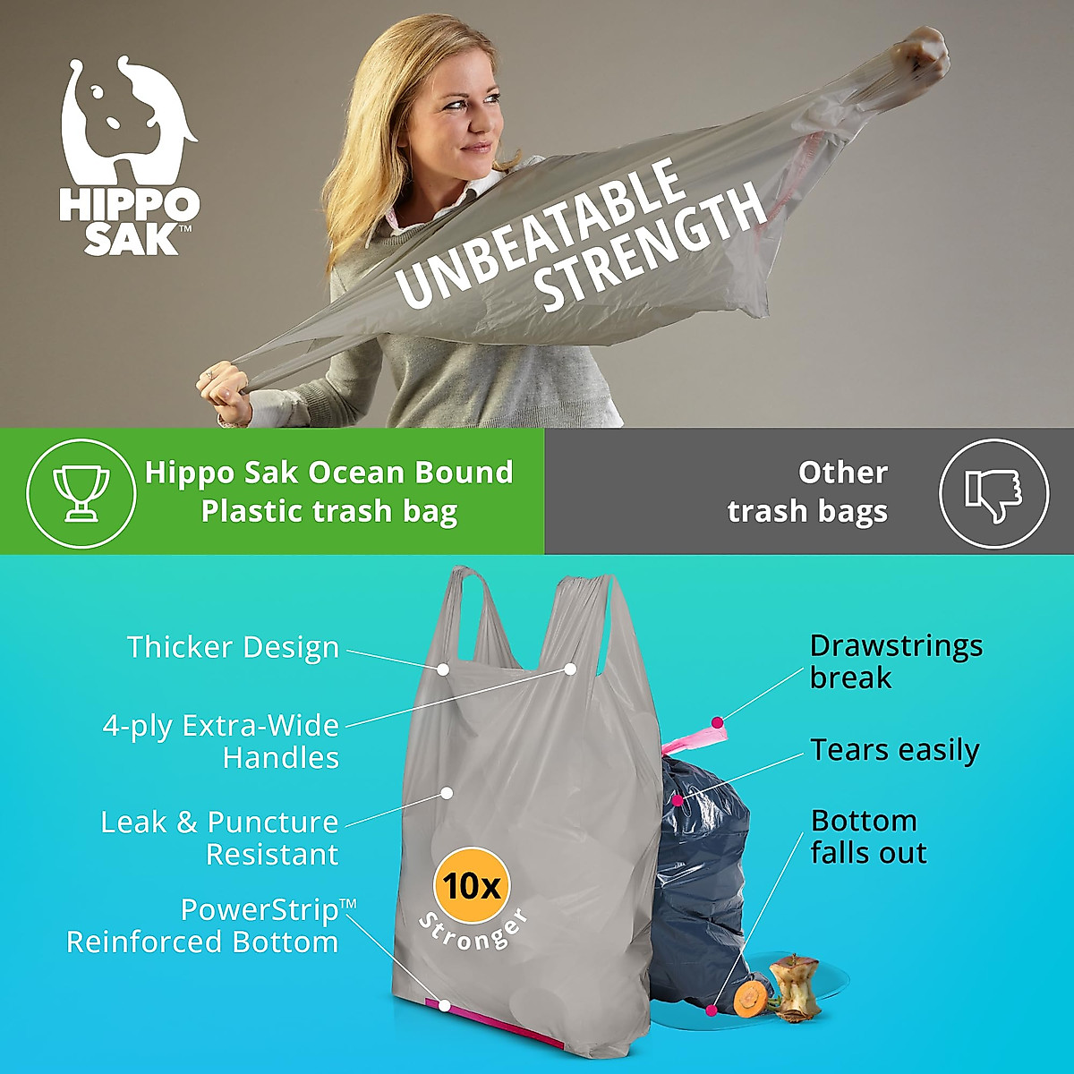 Hippo Sak - Tall Kitchen Garbage Bags with Ergonomic Handles - 13 Gallon Trash Bags Made from Recycled Ocean Bound Plastic - Super Strong and Leak Proof Tall Kitchen Trash Bags (45 Count)