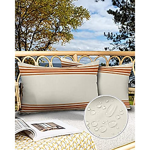 Outdoor Pillow Covers for Patio Furniture 20x12 inch 2PCS, Rectangle Waterproof Garden Cushion Thanksgiving Orange Stripe Fall Throw Pillow Cover Shell for Sofa Couch Bench Seat