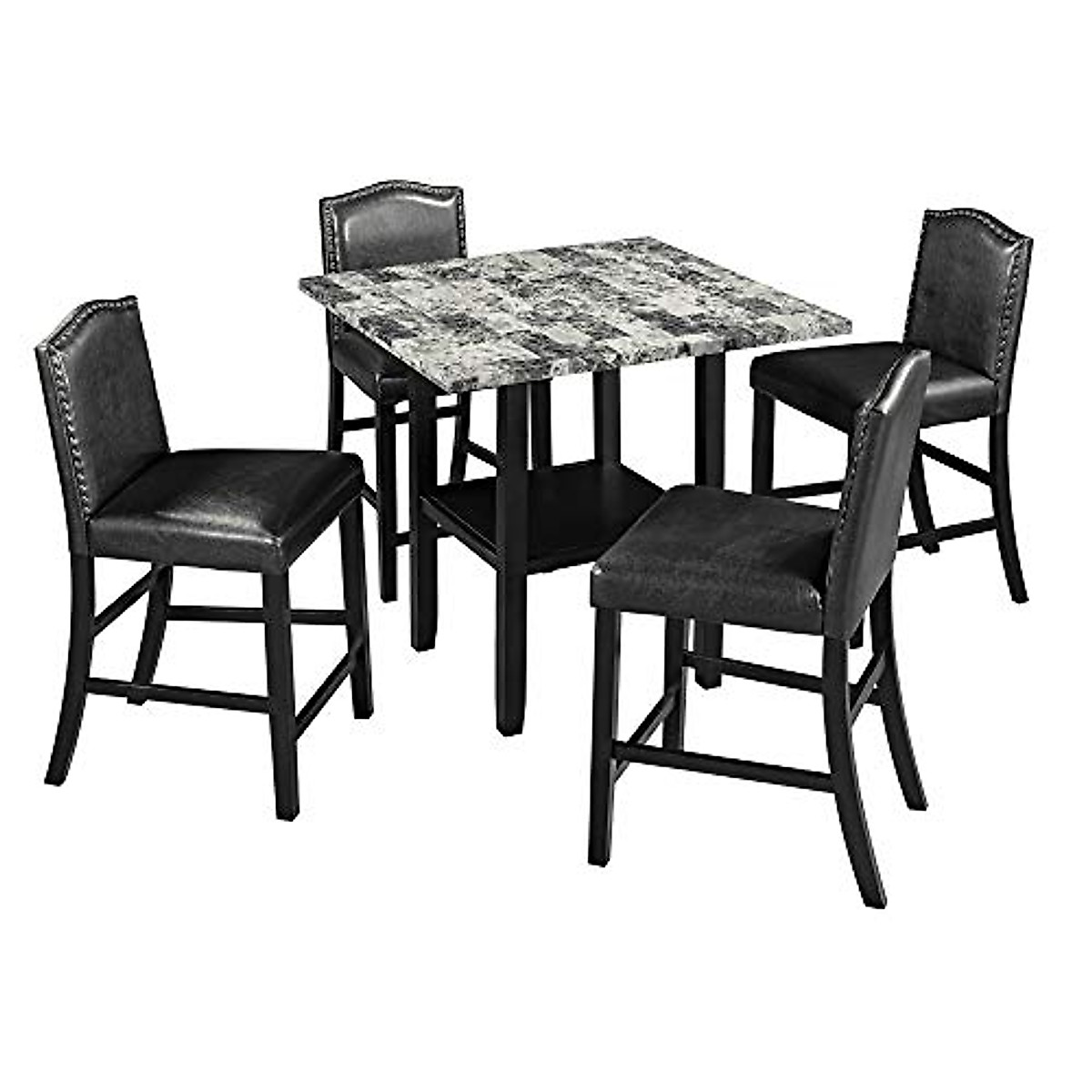 YuiHome Set 5 Piece Matching Bottom Shelf for Dining Room, Faux Marble Kitchen 4 Persons,Black Chair+Gray Table