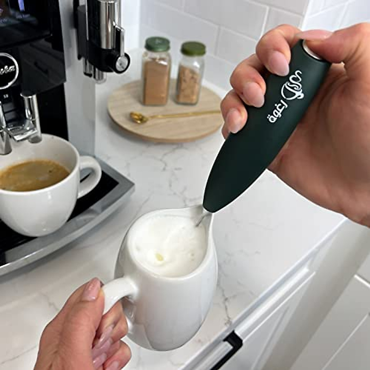 Righwa Milk Frother & Egg Beater - 2-in-1 Handheld Frother for Coffee & Egg Whisker - Battery-Operated Frother with Stand - Auto Shutoff, Powerful Motor - Kitchen Tools & Coffee Station Accessories
