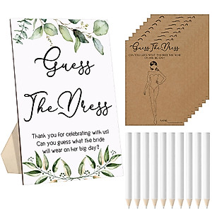 Seajan Guess The Dress Bridal Shower Game Wooden Game Sign Fun Bridal Shower Games Table Sign 50 Small Guessing Cards 50 Pencils for Guests Wedding Games Bachelorette Party Supplies (Green Leaves)