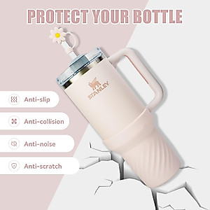 PAuji Silicone Boot and Straw Cover for Stanley Cup 40oz Accessories, Rose Quartz Boot Sleeve Fit with Stanley Cup H2.0 and Quencher Adventure Tumbler 40oz, Anti Dent Bottle Bottom Protector