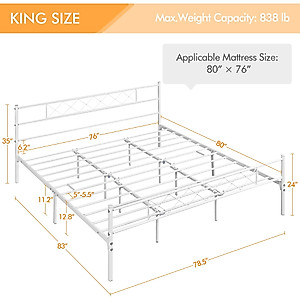 Yaheetech Metal Platform King Bed Frame Mattress Foundation with Headboard and Footboard No Box Spring Needed Under Bed Storage Steel Slats White