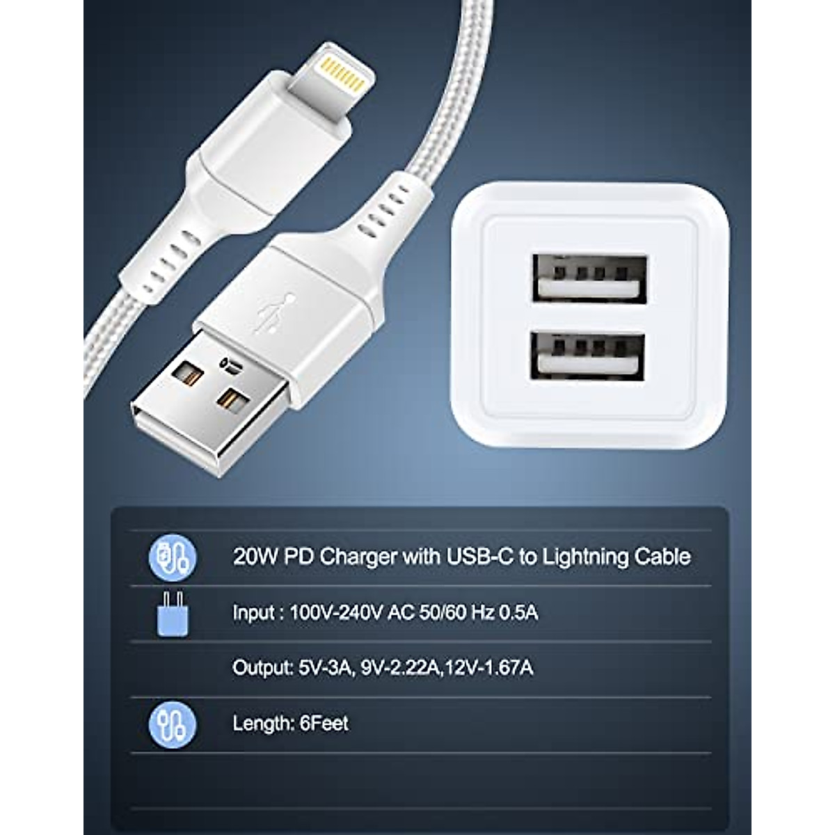 Apple Charger Kits for iPhone 14 Pro Max 14Pro 14 Plus 13Pro 13 12 11 SE 10 XR X XS 8 7 6 6s Plus, Dual USB Charger Block with USB to Lightning Cable, 2.1amp travel wall plug adapter+USB lighting cord