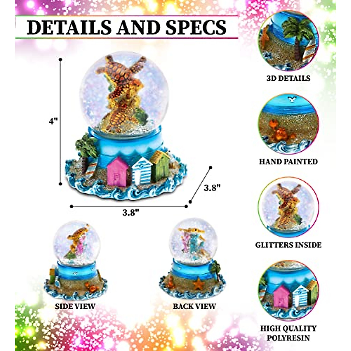 CoTa Global Cool Summer Sea Turtle Snow Globe - Water Globe Figurine with Sparkling Glitter, Collectible Novelty Ornament for Home Decor, for Birthdays, Holiday and Valentine's - 65mm