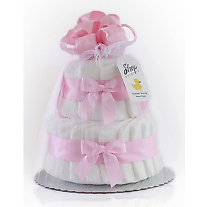Classic Pastel Baby Shower Diaper Cake (2 Tier, Pink)