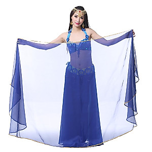 SHOWYOU 98.43" x 47.24" Lightweight Semicircle Chiffon Veil Belly Dance Scarf Blue Veil Scarf Shawls Trimed Gold Sequence (BLUE)