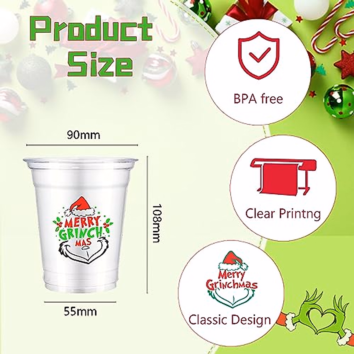 VDESFUEBY Green Christmas Party Supplies,12oz Christmas Party Cups Drink Up Disposable Clear Plastic Cups for Halloween Party Table Supplies (40PCS)