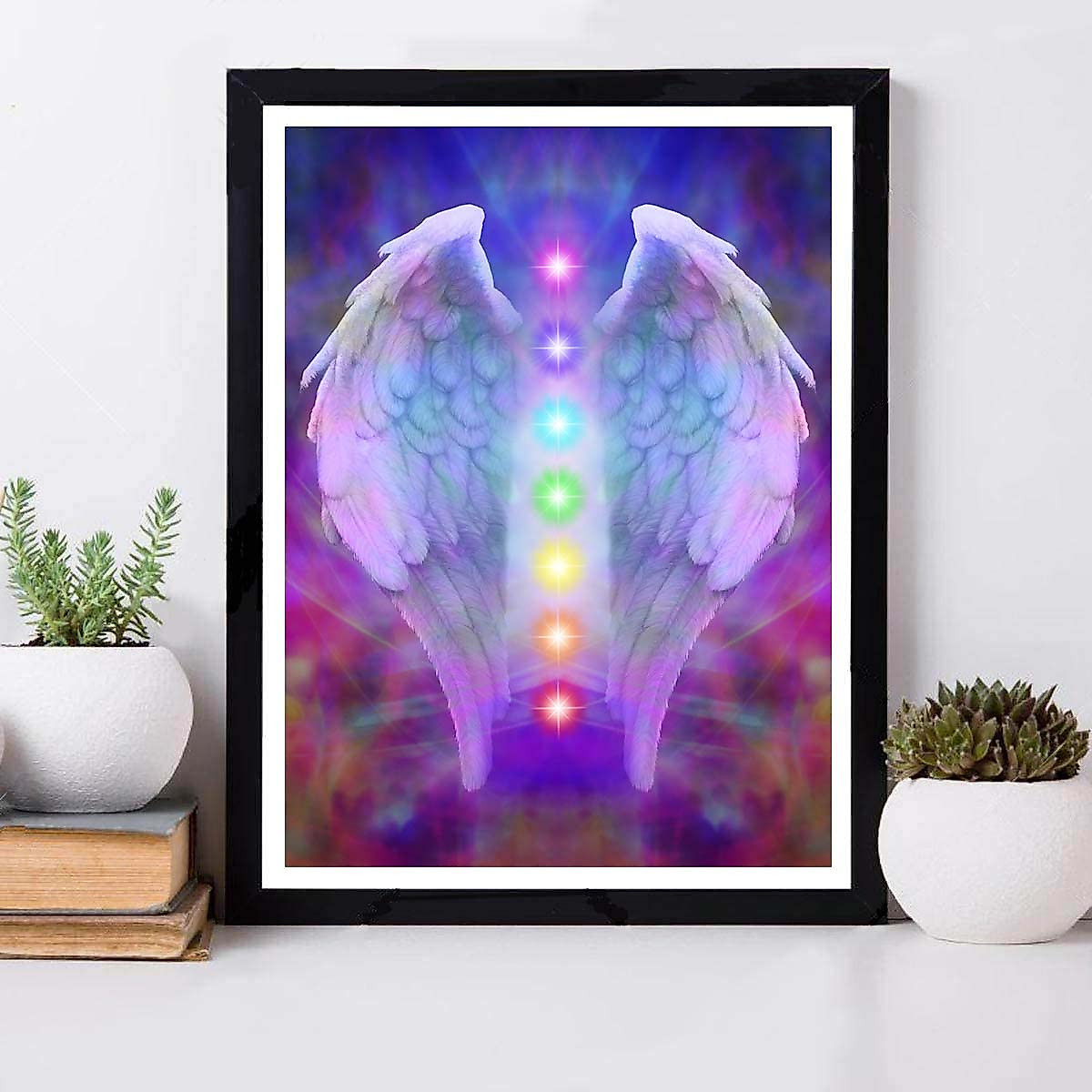 Xiyuekissu Diamond Art Angel Wings and Seven Chakras DIY 5D Full Drill Diamond Art Kit (Set by Number) Digital Painting Round Diamonds, Diamond Art Kits for Adults（12x16inch）
