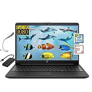 HP 15 Laptop, 15.6" FHD Computer, Intel Celeron N4020 Processor, 16GB RAM, 256GB SSD, 1-Year Office 365, Google Classroom Zoom for Business Student, Windows 10 S Mode＋TSBEAU 3.0 Hub & USB LED Light
