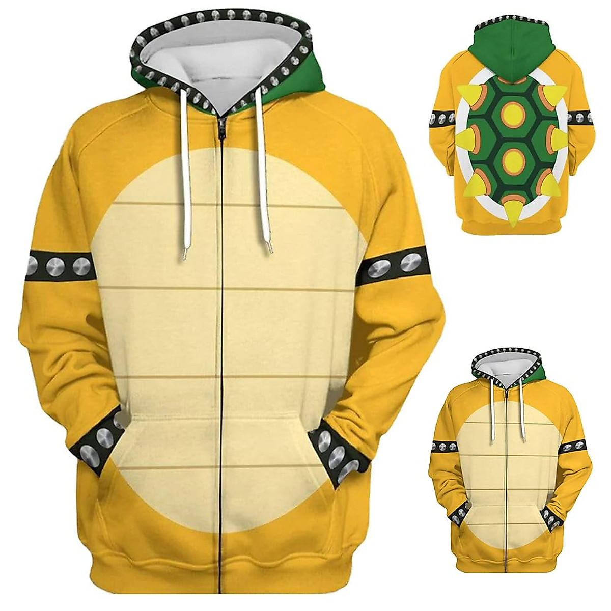 JMOBEU Bowser Cosplay Costume Hoodie,Bowser Costume Hoodie 3D Printed Hooded Sweatshirt Movie Pullover For Adult and Men(yellow+zipper,S)