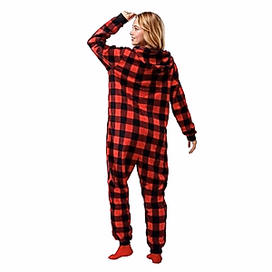 Giggling Getup Christmas Fleece Plaid Pajamas Jumpsuits Adult, Christmas Women Hoodie Full Zipper Pajamas-XL Red