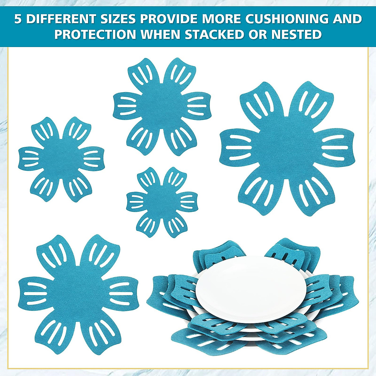 Nuogo 30 Pieces Pot and Pan Protectors, 5 Different Size, Max 16" D, Pan Protector Pads Pot Separators for Stacking, Anti Slip Non Woven Pan Dividers, Avoid Scratching or Marring When Stacking, Teal