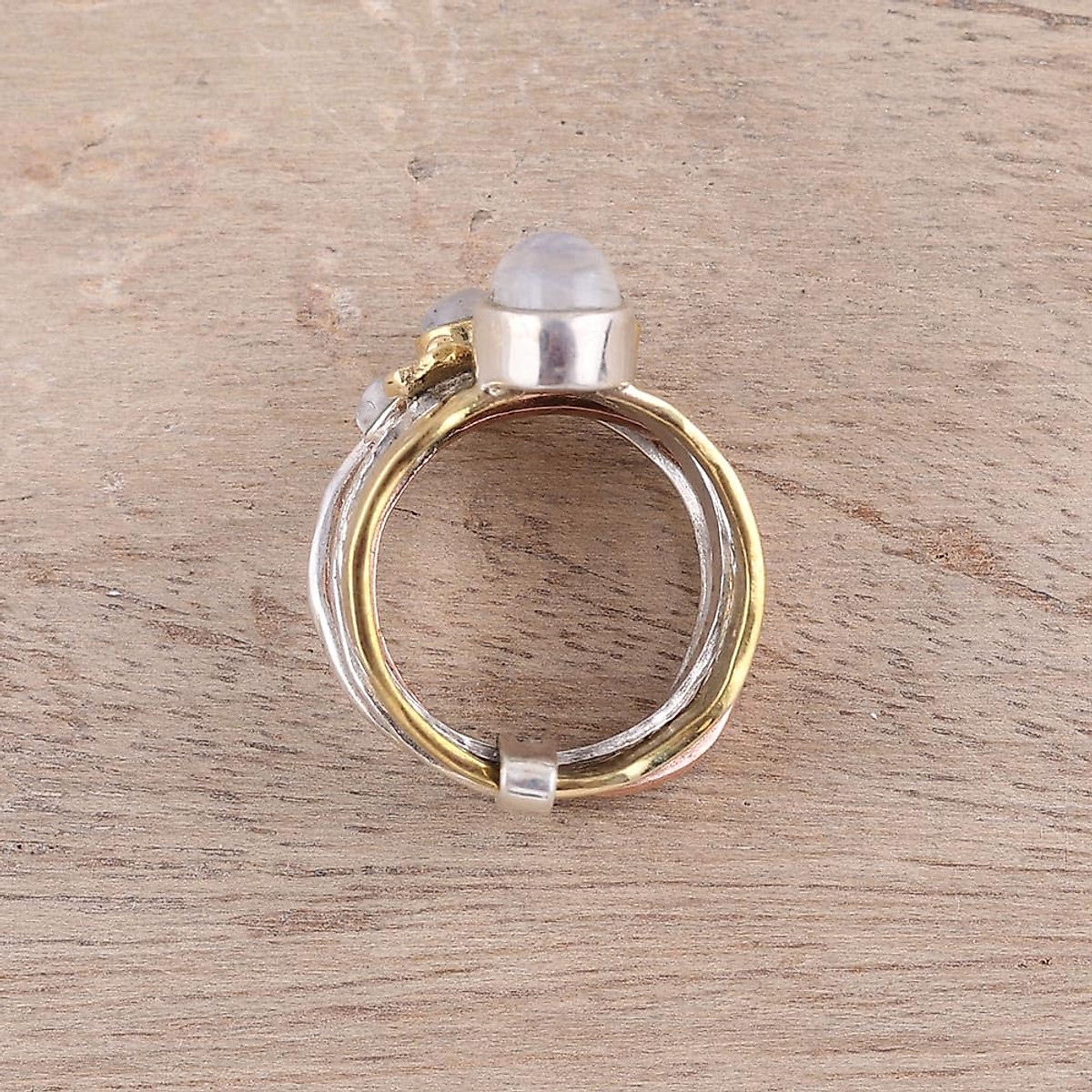 NOVICA Artisan Handmade Rainbow Moonstone Cocktail Ring Mixed Metals Floral from India Copper Sterling Silver Brass Clear Multi Gemstone [ring Front 0.8 in L x 0.8 in W x 0.3 in H Band Width 10 mm W]