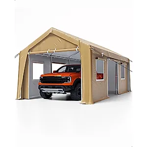 DEXSO Carport 13'x20' Heavy Duty Portable Garage, 1.0 mm Steel Poles & 180 g PE Waterproof Canopy, with Front & Rear Doors, 2 Side Doors, and 4 Windows, for Pickup Truck, and Boat, Khaki