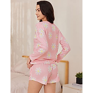 Ekouaer Women 2 Piece Waffle Set Long Sleeve Floral Knit Pullover Top and Knitted Shorts Suit Spring Outfits Pink Daisy Flower