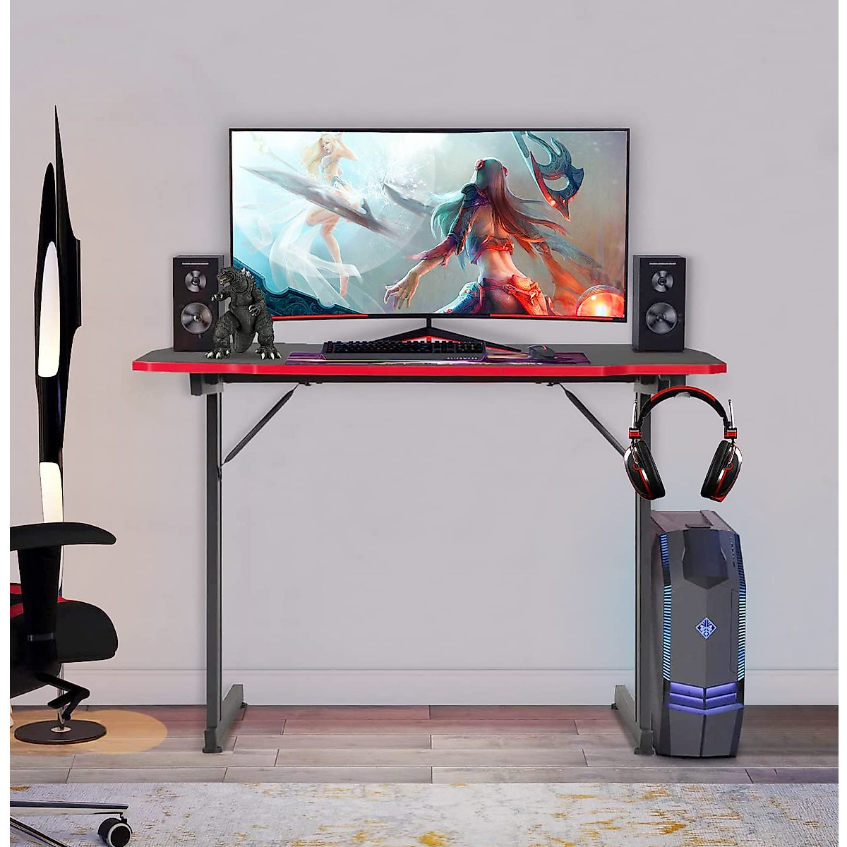 YYkokocat Small Gaming Desk 35 Inch PC Computer Desk with Headphone Hook Z Shaped Home Office Table Gamer Workstation for Small Spaces Gamer Desk Carbon Fiber Texture, Black Red