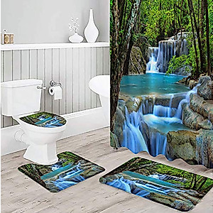 Prime Leader 4 Pcs Shower Curtain Set with 12 Hooks, Mountain Waterfall Tree Landscape Bathroom Decor Sets with Non-Slip Bath Mat Toilet Lid Cover, Durable Waterproof Shower Curtain and Rugs Set